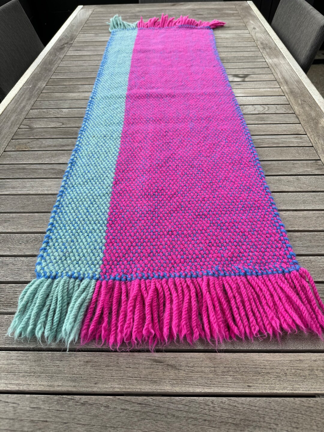 Handwoven Chunky Wool Table Runner With Fringe, Bright Pink, Jade Green ...