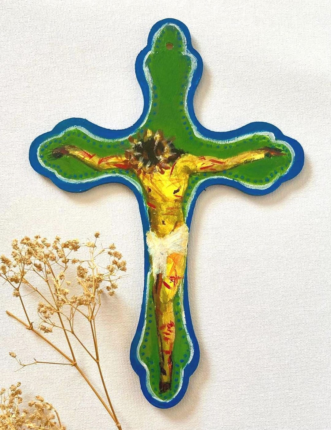 Folk Crucifix, Original Colorful Hand Painted Wood, Wall Hanging, 9.5in ...