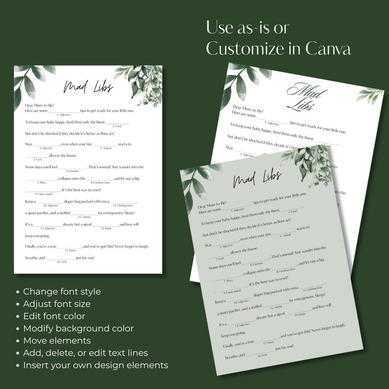 Botanical Baby Shower Mad Libs Game: Funny Mom Advice (canva Template ...