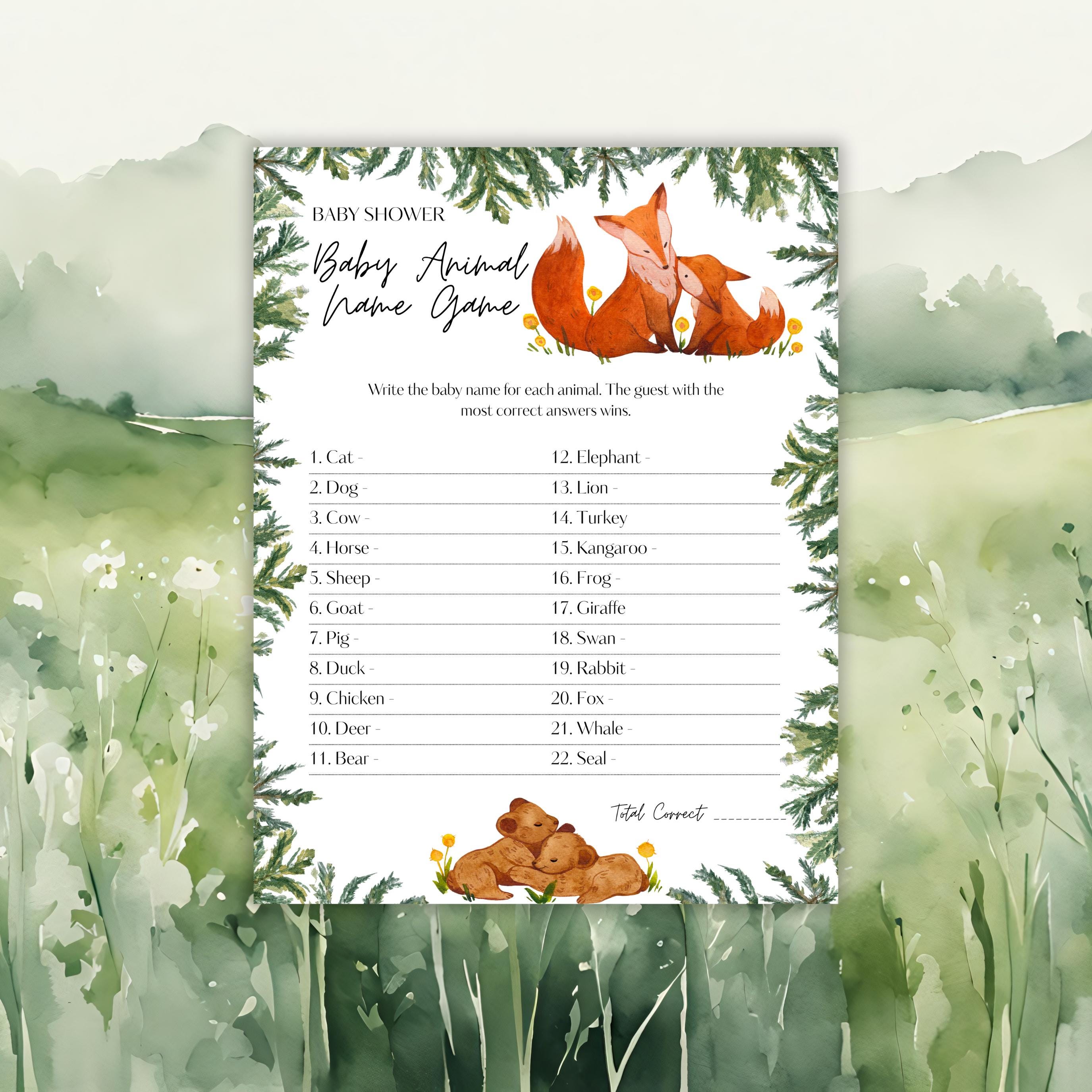 Woodland Baby Shower Baby Animal Name Game - Baby Shower Game – Girl ...