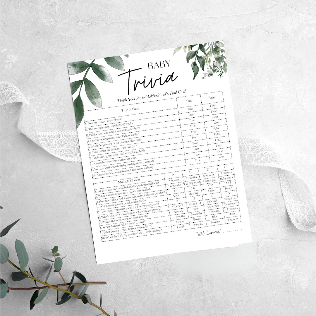 Baby Trivia Game for Baby Shower, Easy Quiz for Guests, Botanical ...