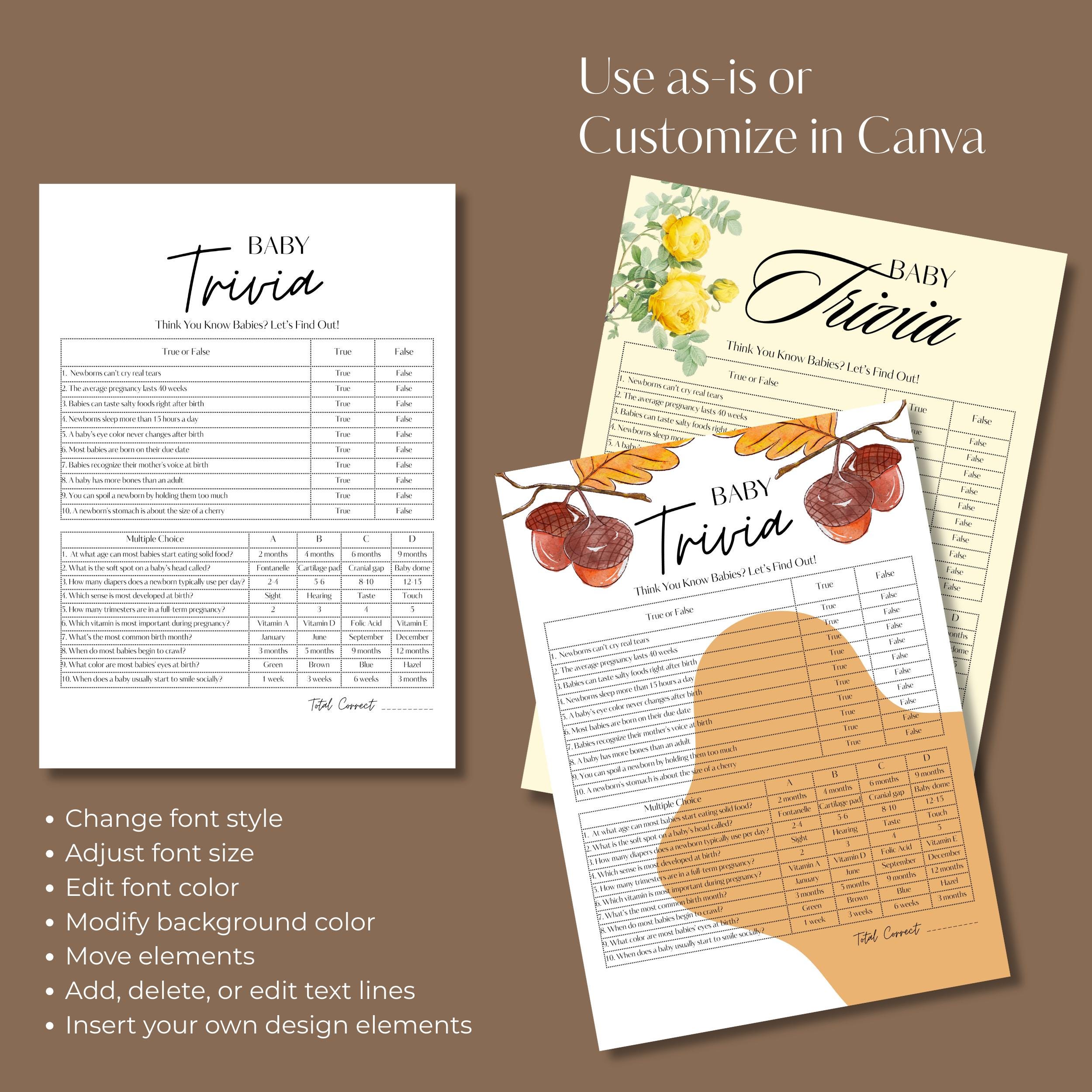Baby Shower Trivia Game, Printable Baby Quiz Card, Minimalist Neutral ...