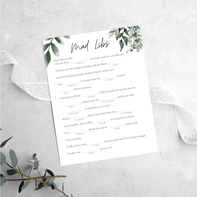 Botanical Baby Shower Mad Libs Game: Funny Mom Advice (canva Template ...