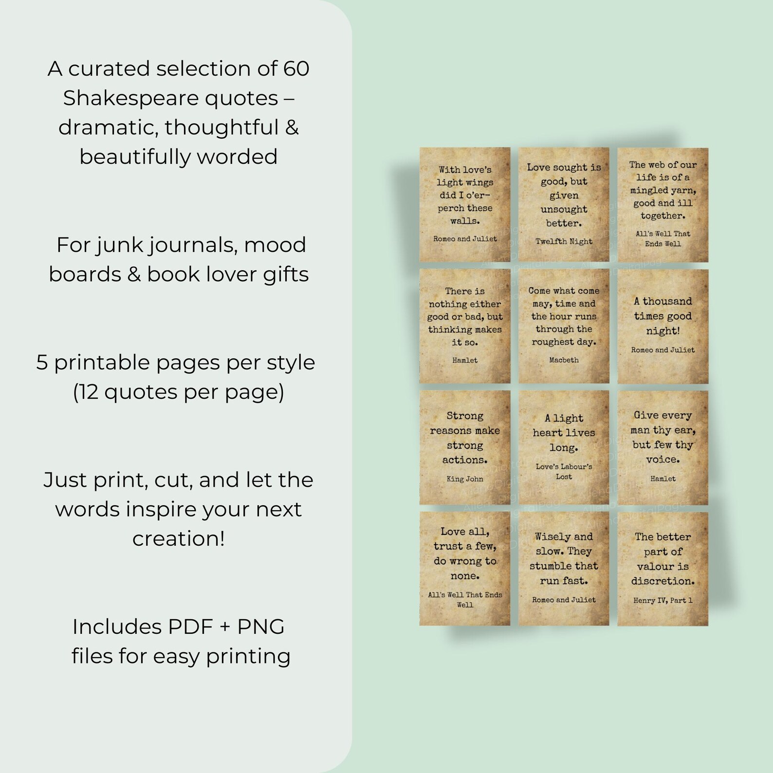 60 Shakespeare Quote Cards – Printable Vintage Cut-out Phrases for ...