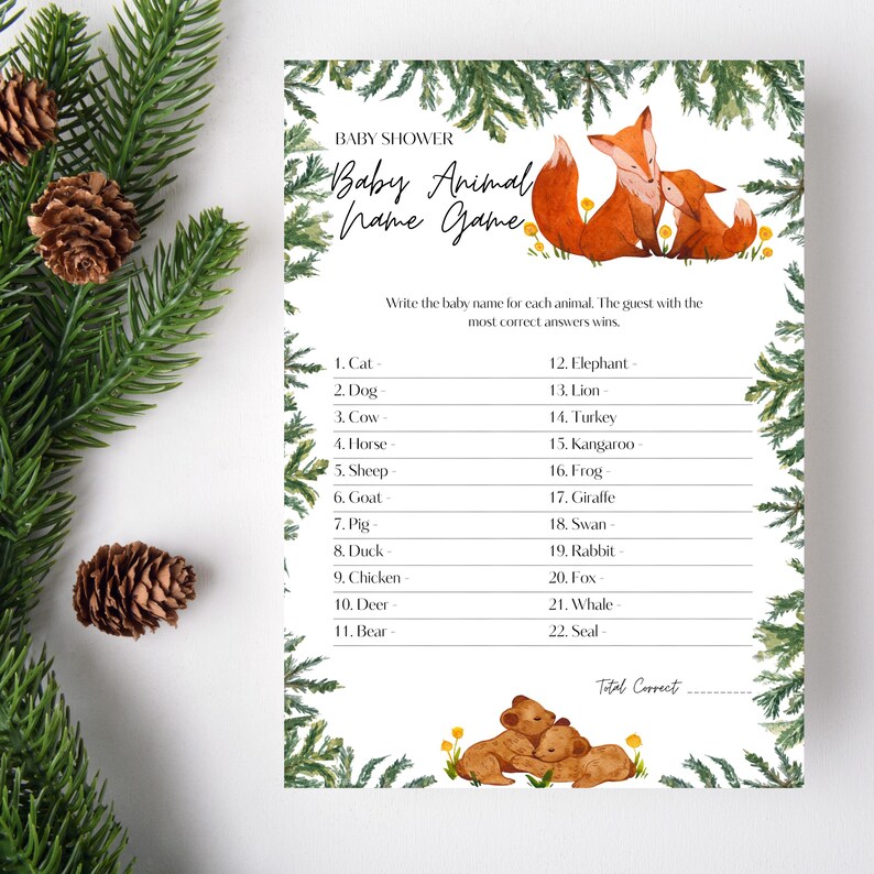 Baby Animal Names: Baby Shower Game in Woodland Style, Printable PDF ...