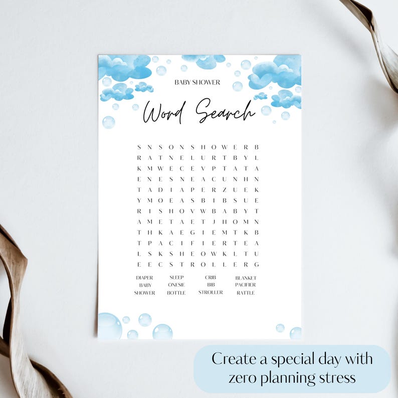 Baby Word Search Game: Blue Baby Shower Theme, Printable Template for ...