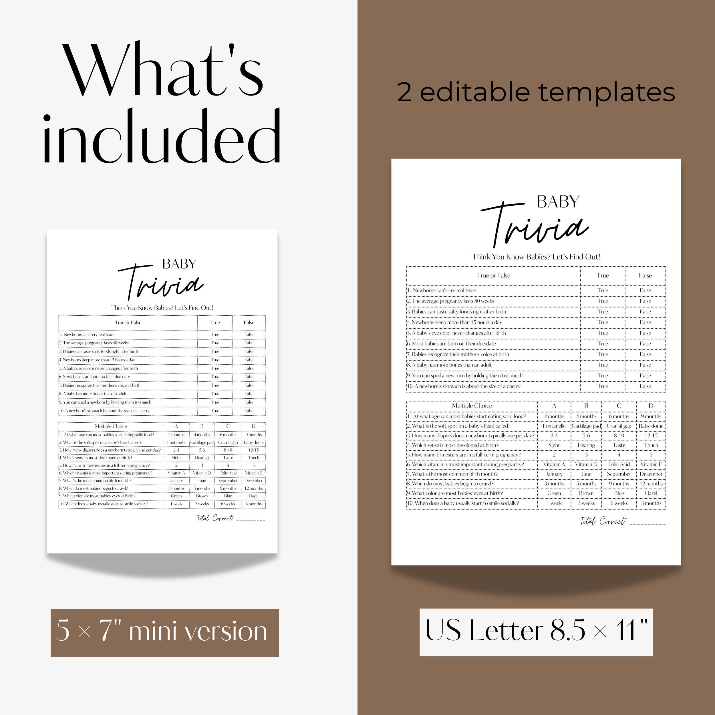 Baby Shower Trivia Game, Printable Baby Quiz Card, Minimalist Neutral ...