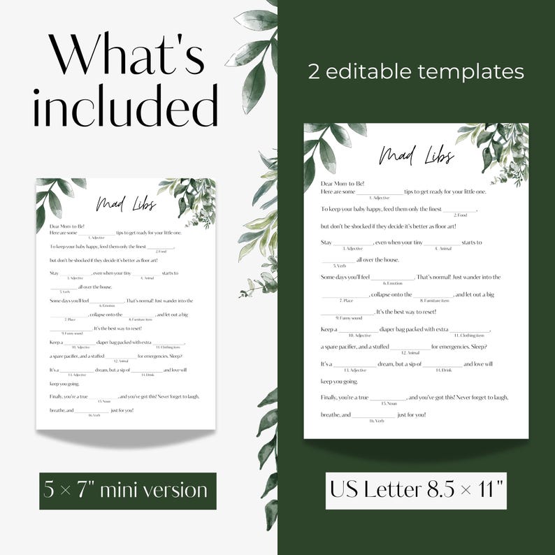 Botanical Baby Shower Mad Libs Game: Funny Mom Advice (canva Template ...