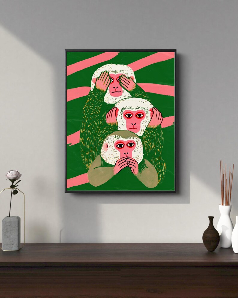 Three Wise Monkeys Art Print: Modern Japanese Folk Art (digital ...