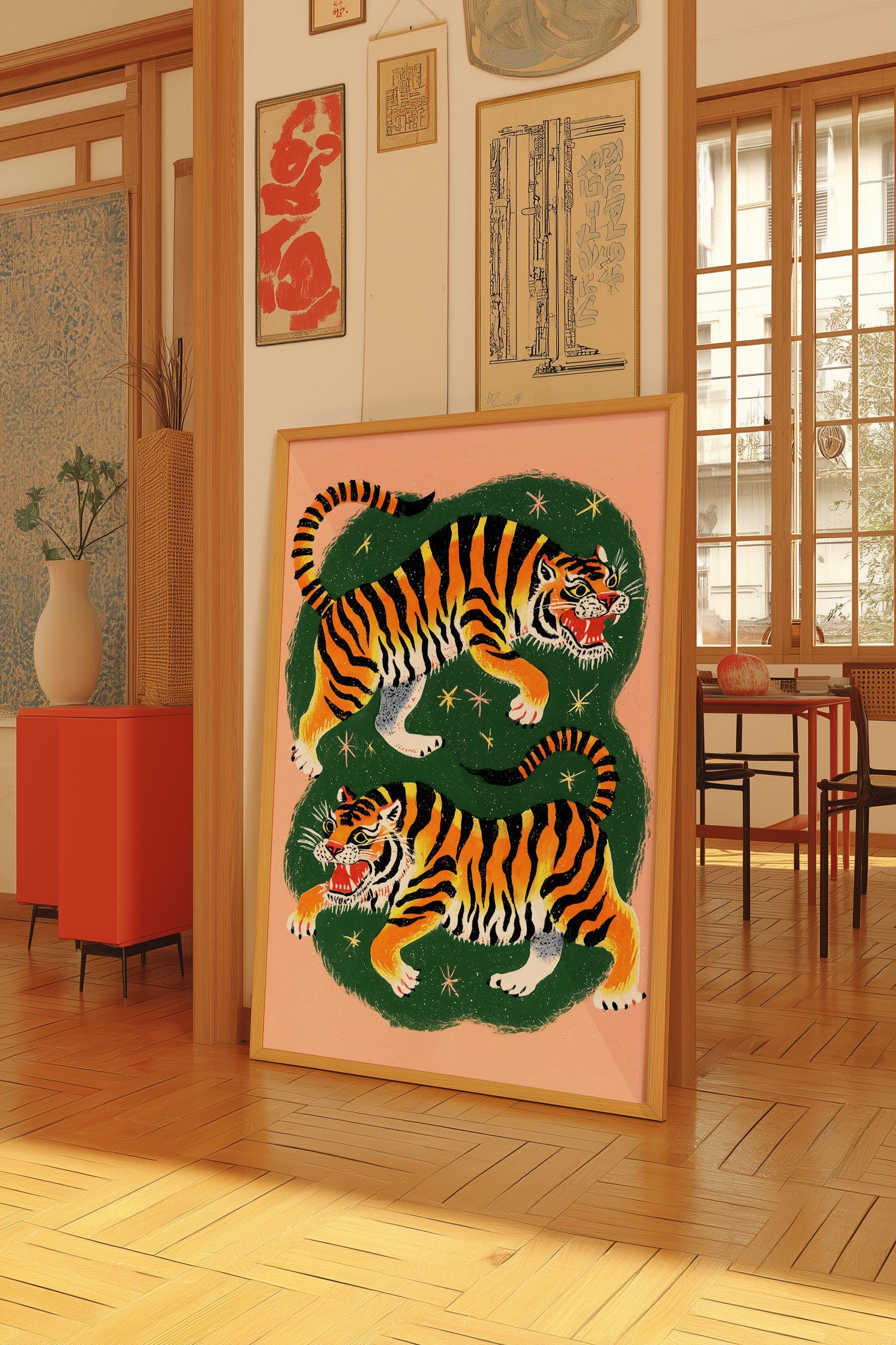 Japanese Tiger Wall Art, Retro Folk Art Print, Vintage Style Tigers ...