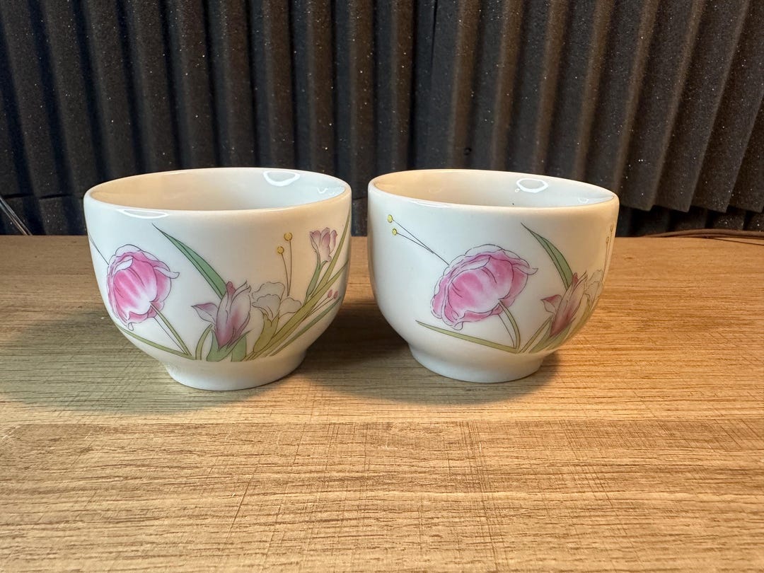 Pair of Vintage Japanese Porcelain Cups – Hand-painted Pink Floral ...