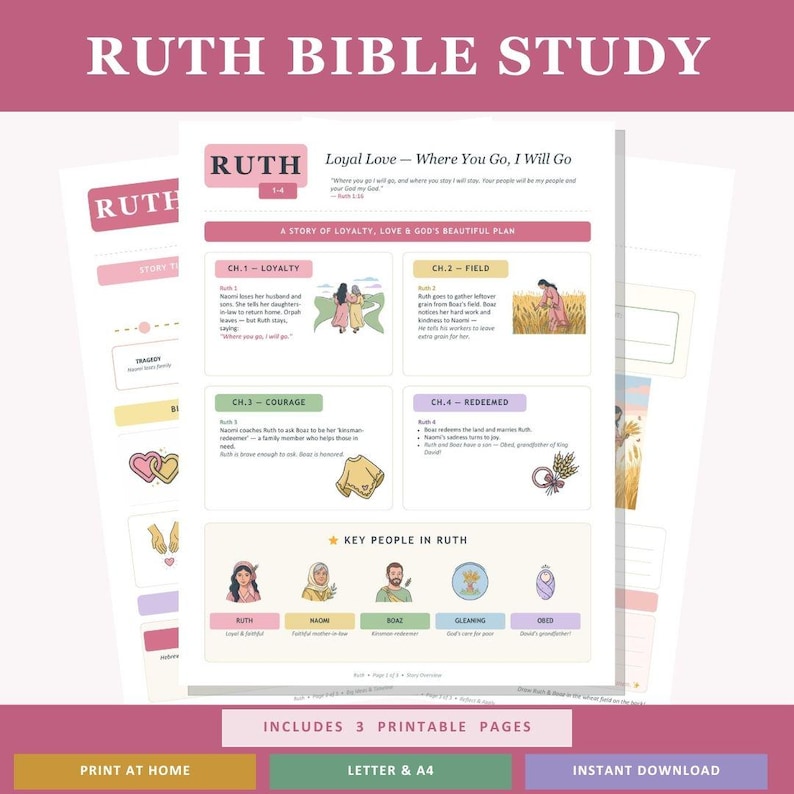 Ruth Bible Study Worksheet Printable | Boaz Naomi Loyalty Love ...