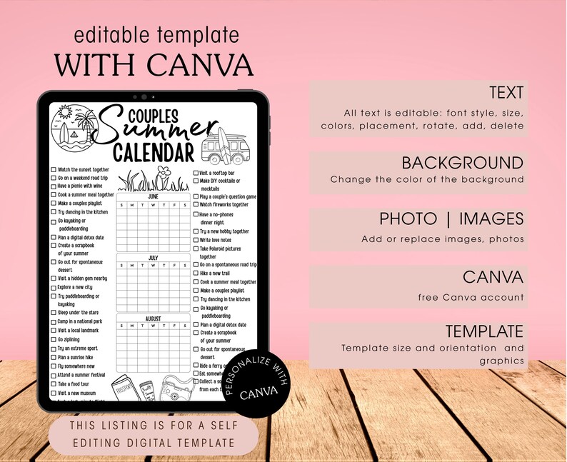 Printable Couples Summer Bucket List Calendar | Canva Template 18x24 ...
