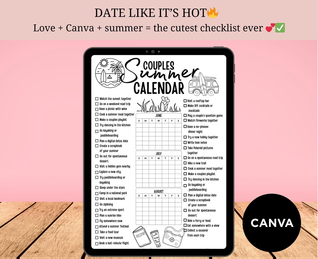 Printable Couples Summer Bucket List Calendar | Canva Template 18x24 ...