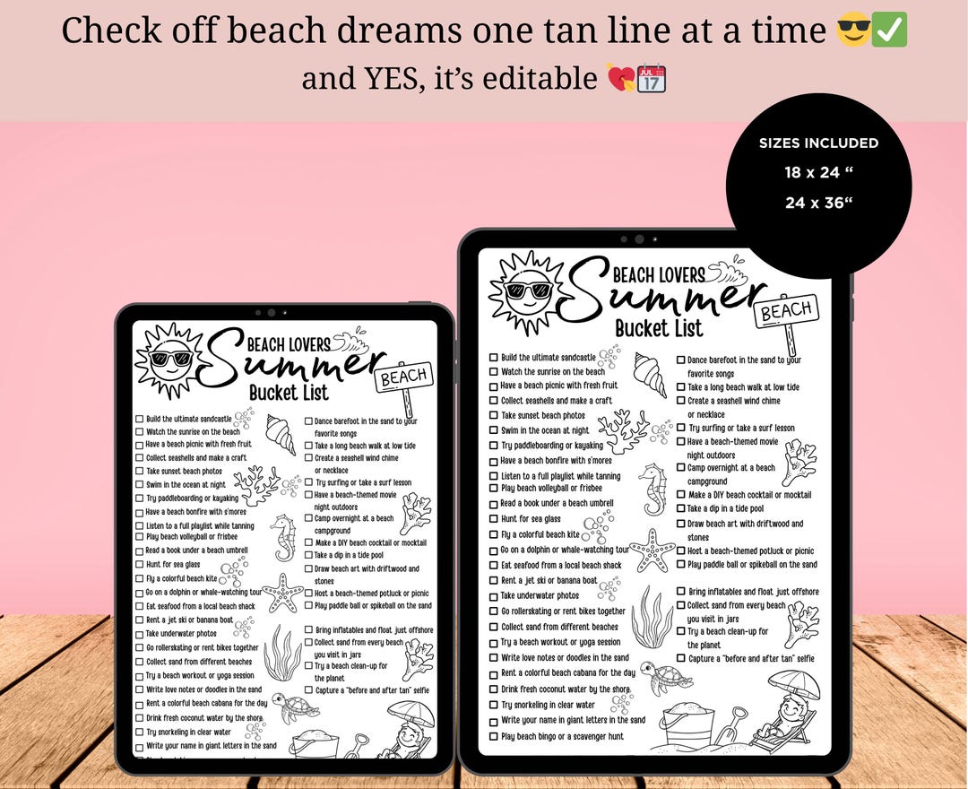 Printable Beach Lovers Summer Bucket List Canva Template | Ocean Vibes ...