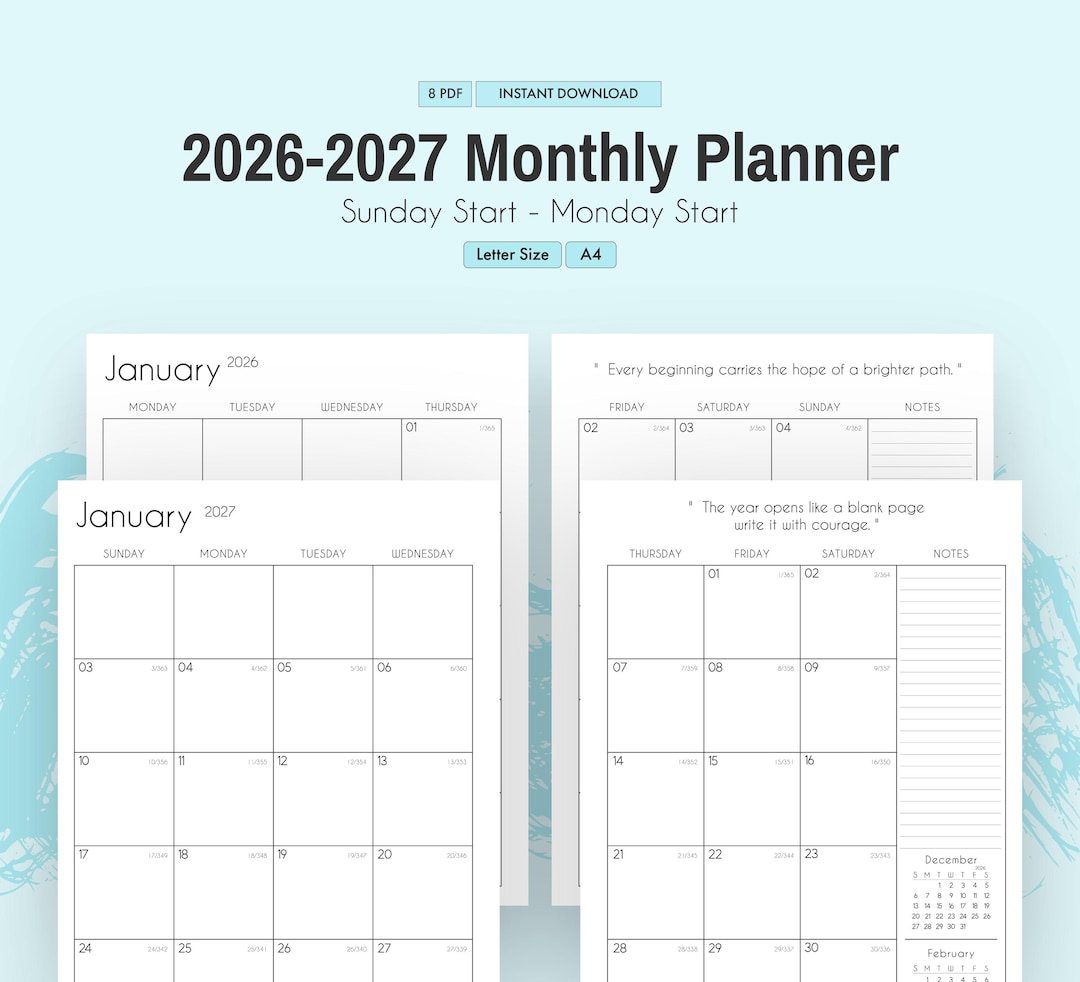 2026–2027 Monthly Planner PDF | Monday & Sunday Start | A4 + Letter ...