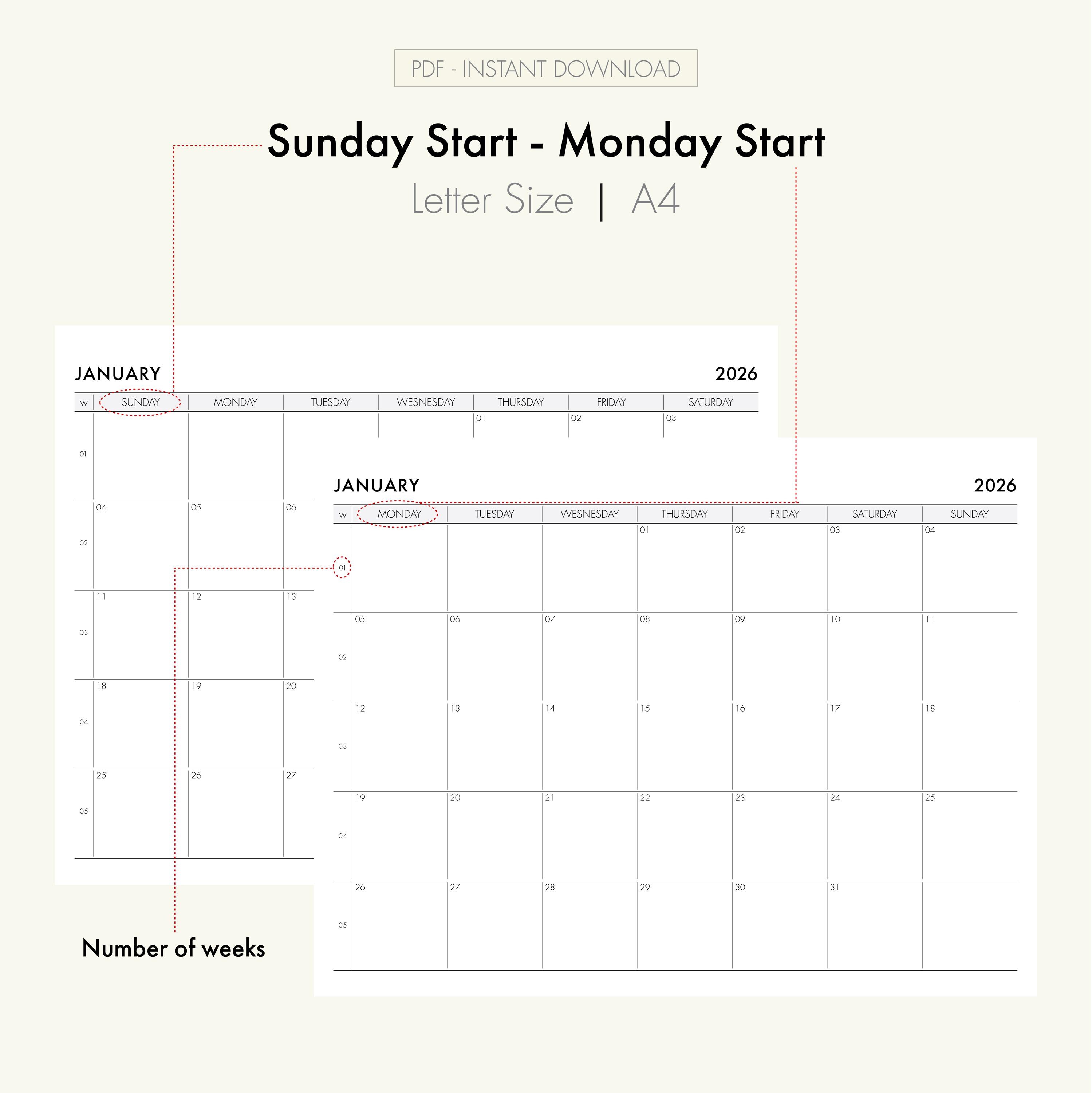 2026 Calendar Printable | Minimalist Monthly Planner PDF | One Page ...