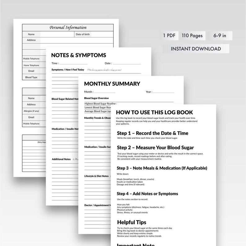 Blood Sugar Log Book | Diabetes Tracker | Glucose Tracking Log | Daily ...