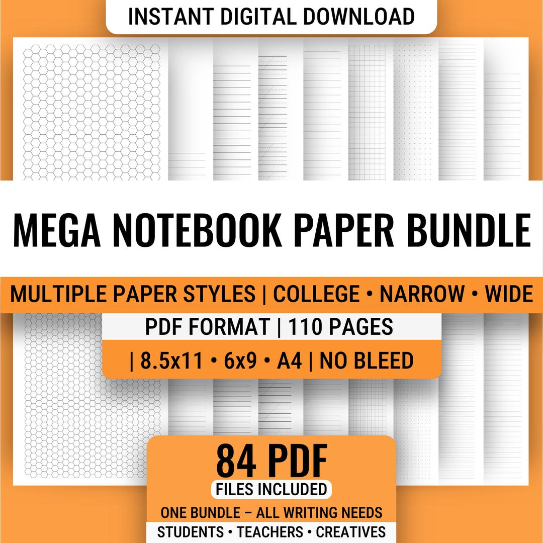 Printable Notebook Paper Bundle | Lined, Dot, Graph | College Narrow ...