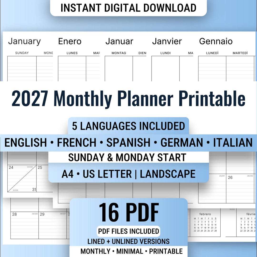 2027 Monthly Planner Printable, 5 Languages, A4 US Letter, Lined ...