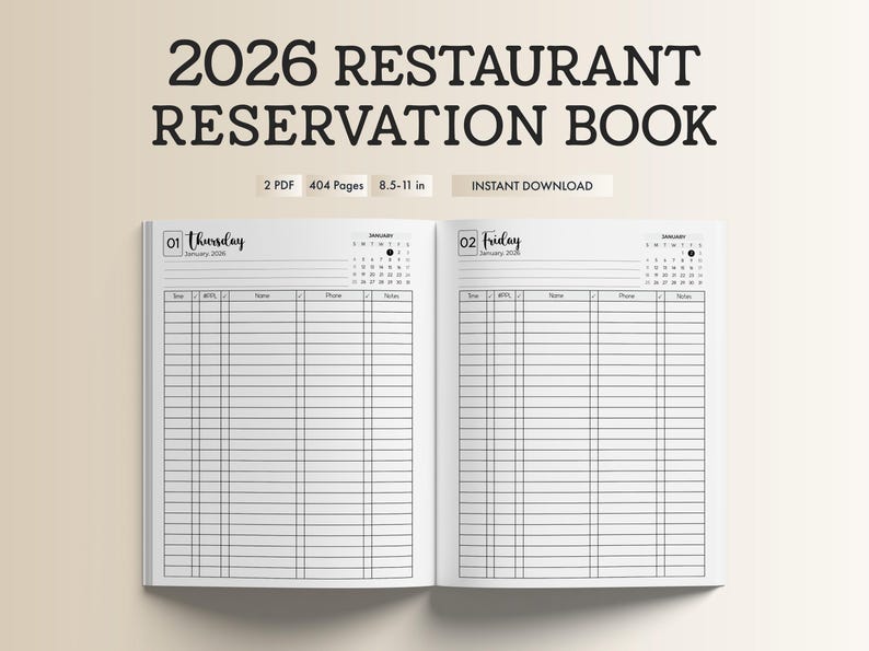 2026 Restaurant Reservation Book | Table Booking Planner | Printable ...