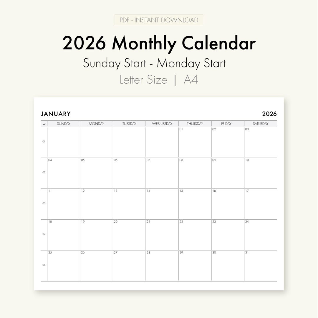 2026 Calendar Printable | Minimalist Monthly Planner PDF | One Page ...