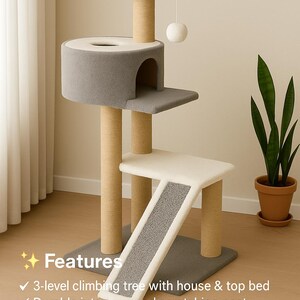 Cat Tree & House – Tall Modern Cat Tower With Bed, Scratcher, Furniture ...