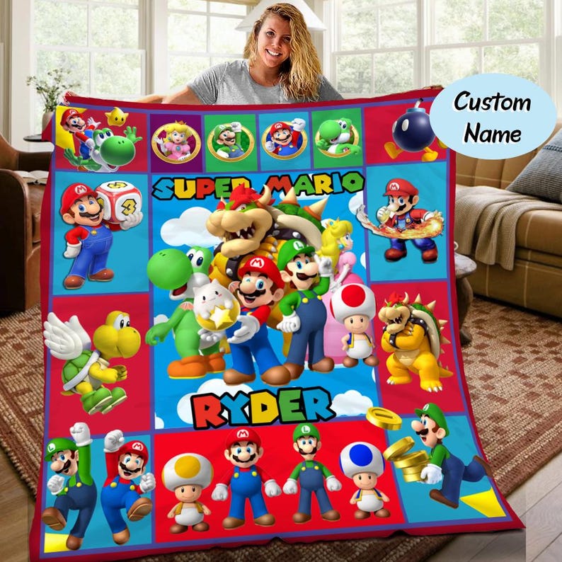 Personalized Super Mario Blanket, Custom Name Mario Blanket, Super ...