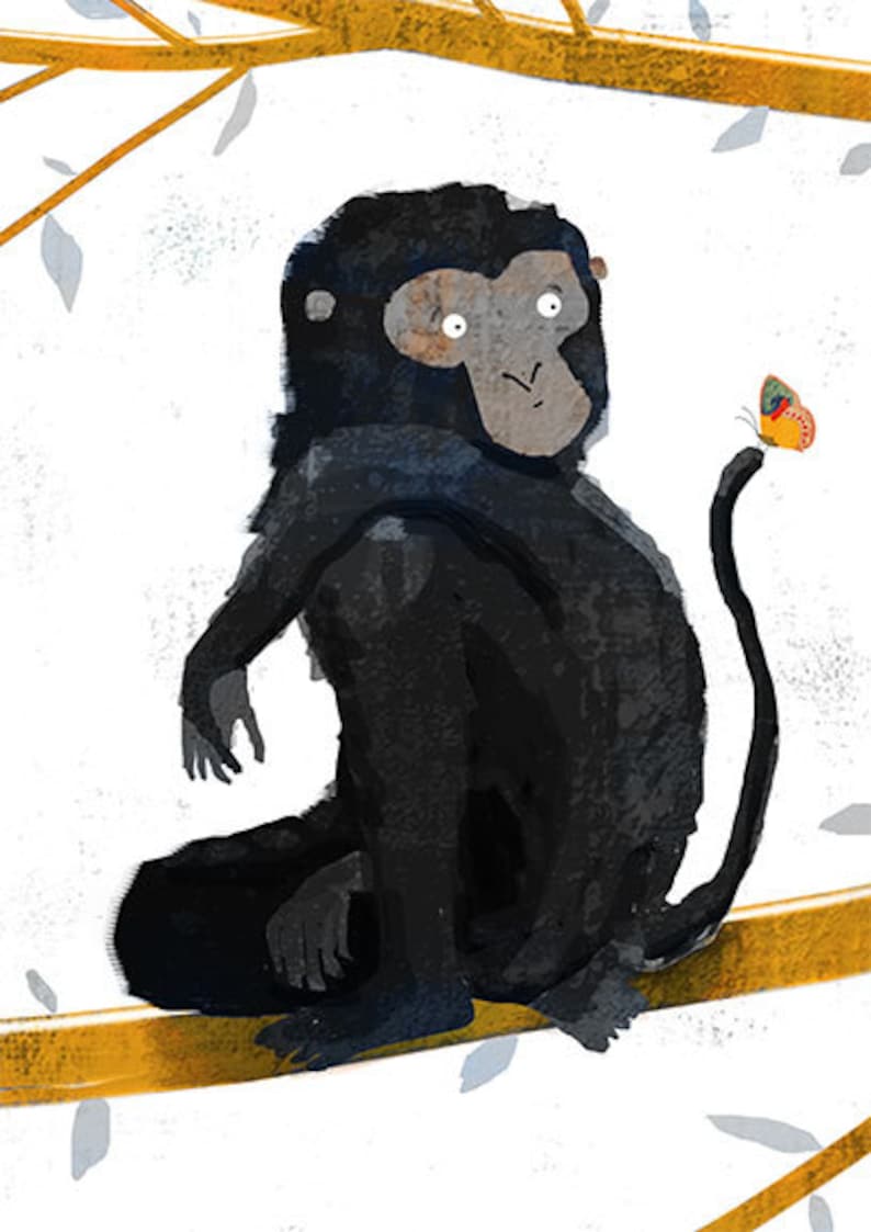 BUTTERFLY // cute monkey illustration // digital painting // | Etsy