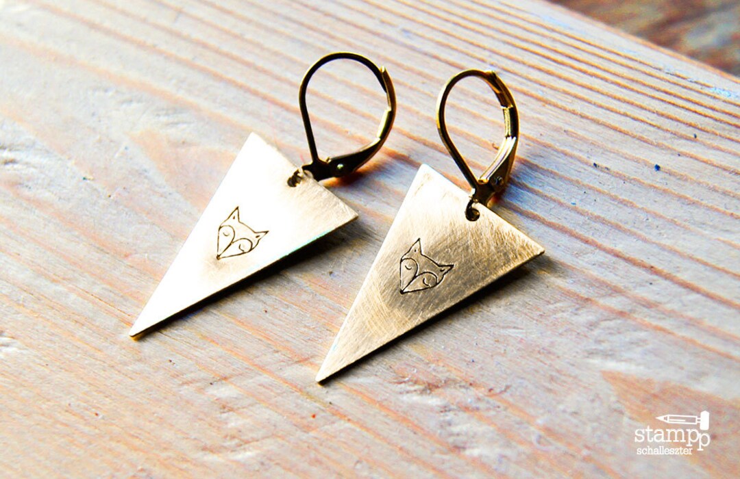 FOX Triangle Earrings // Triangle Raw Brass Hook Earrings // Hand ...