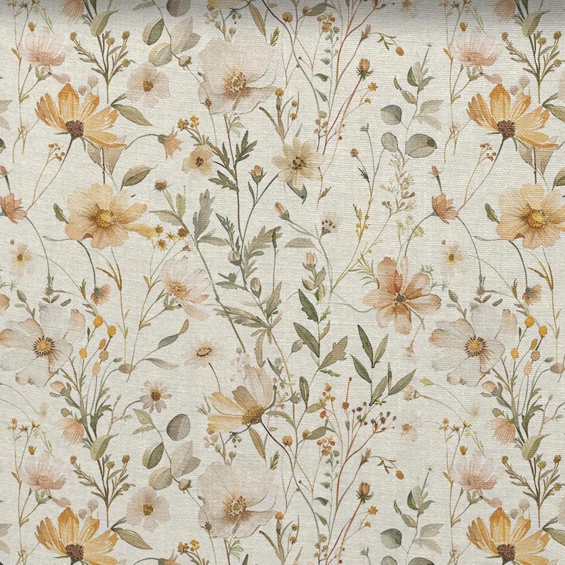 Linen Fabric 100%, Floral Pattern, Wildflowers, Beige in Melange ...