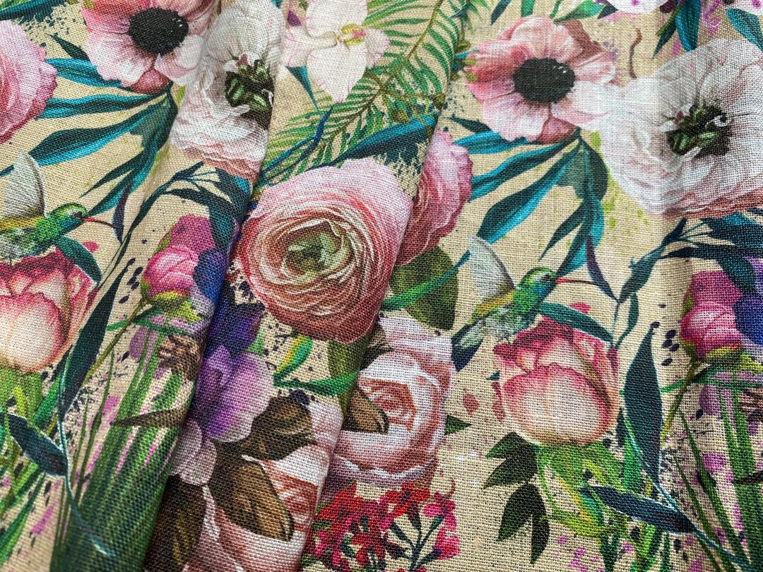Linen Fabric Exotic Flowers Beige in Melange, Softened Linen for Sewing ...