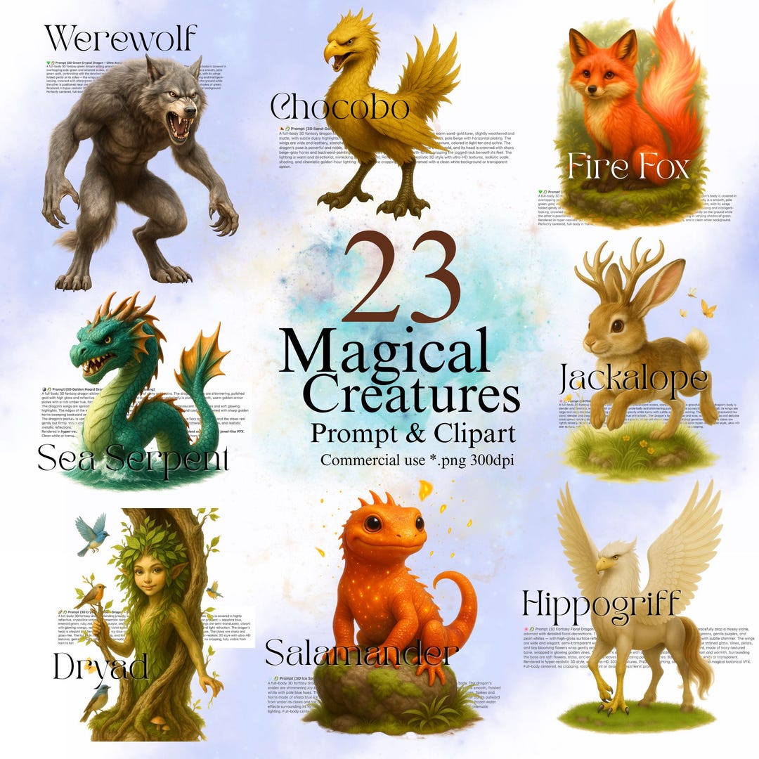 23 Magical Creatures Clipart Bundle | Fantasy Animals PNG Cute AI Art ...