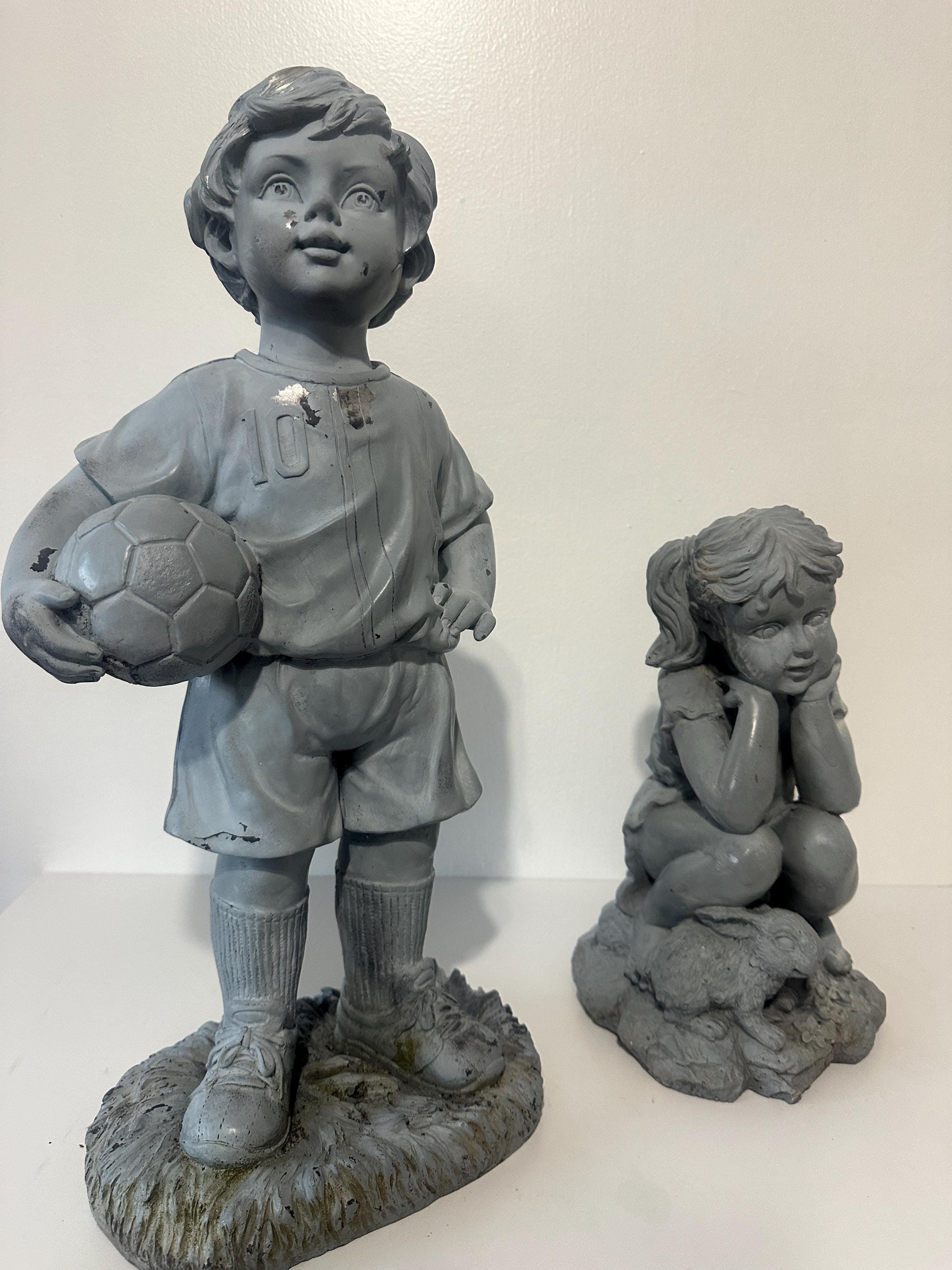 Vintage Garden Statues Boy & Girl With Bunny Concrete Outdoor Decor Set ...