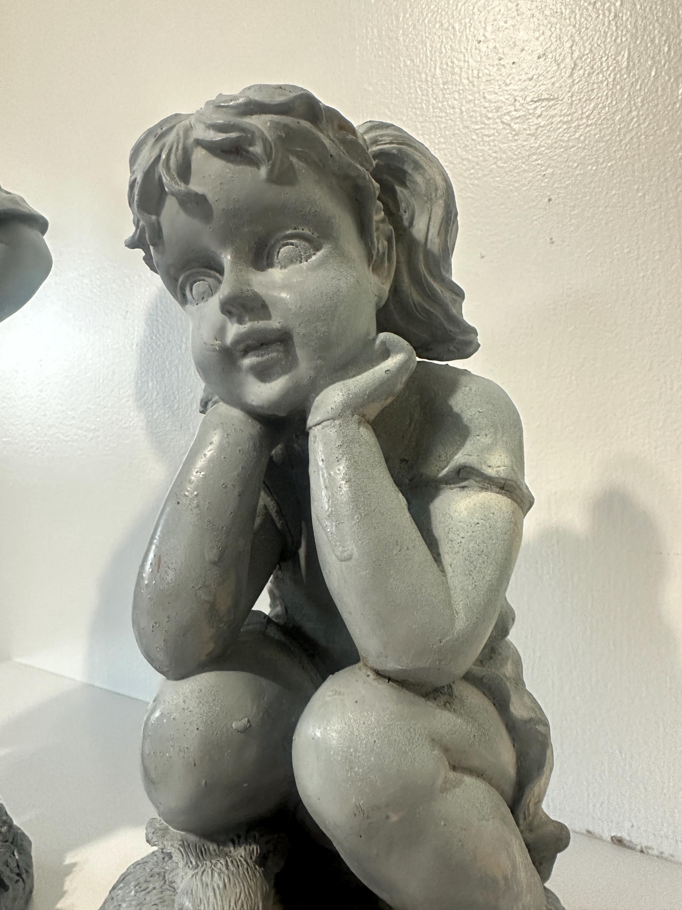 Vintage Garden Statues Boy & Girl With Bunny Concrete Outdoor Decor Set ...
