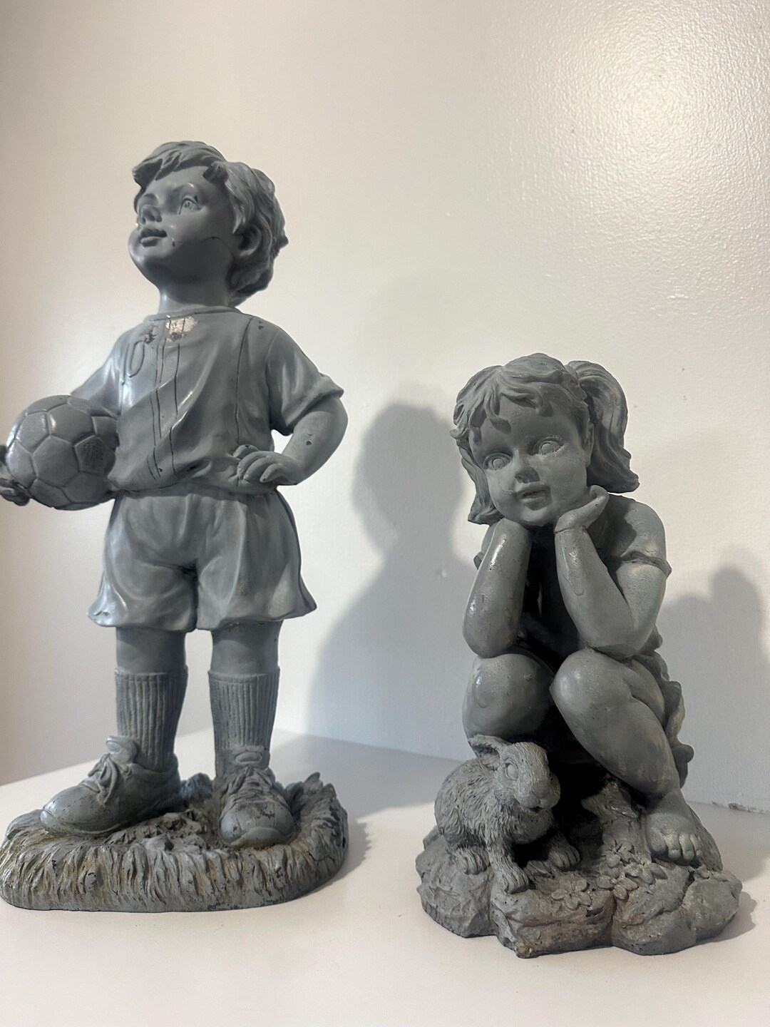 Vintage Garden Statues Boy & Girl With Bunny Concrete Outdoor Decor Set ...