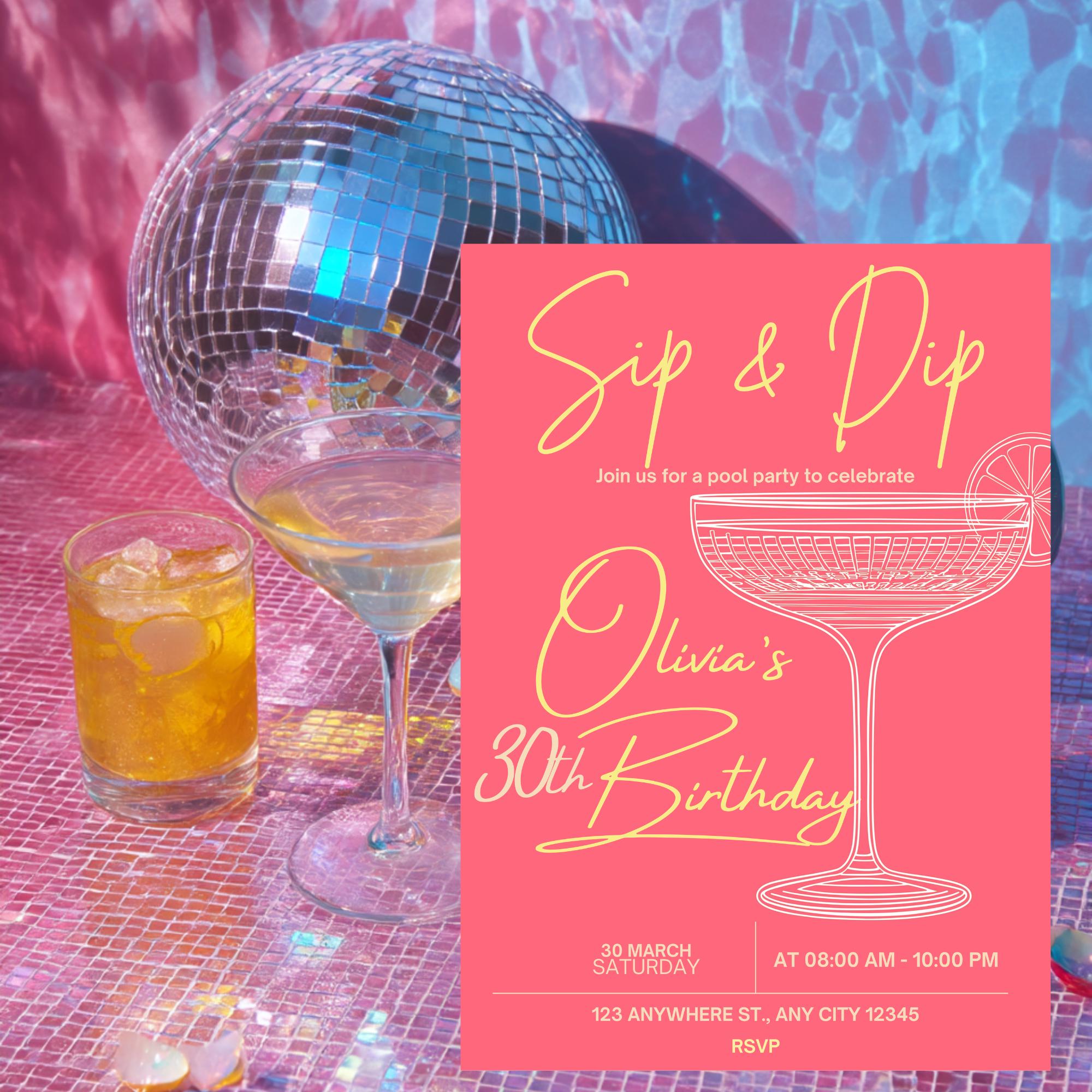 Sip & Dip Pool Party Invitation: Editable Birthday Template (digital ...