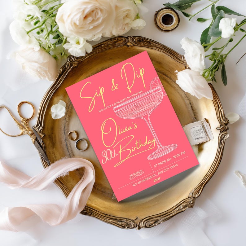 Sip & Dip Pool Party Invitation: Editable Birthday Template (digital ...