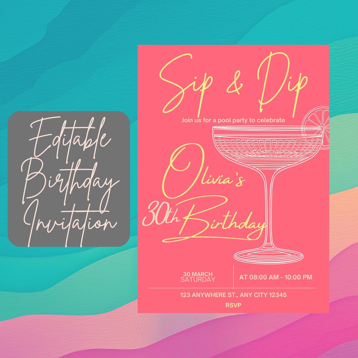 Sip & Dip Pool Party Invitation: Editable Birthday Template (digital ...