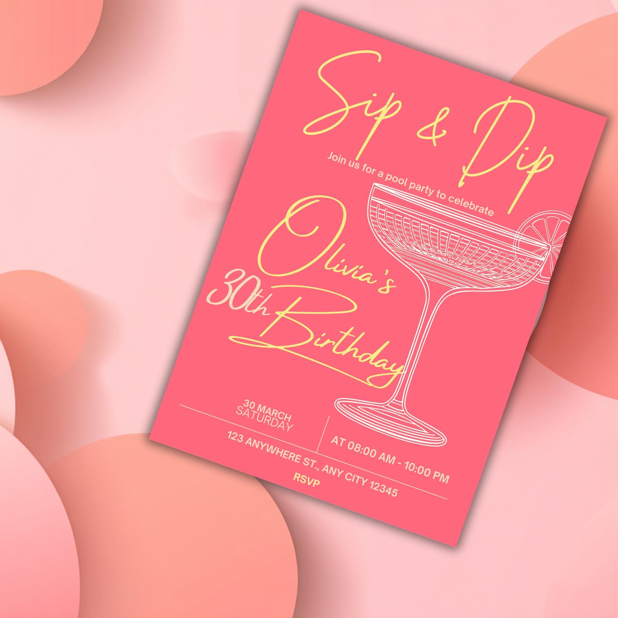 Sip & Dip Pool Party Invitation: Editable Birthday Template (digital ...