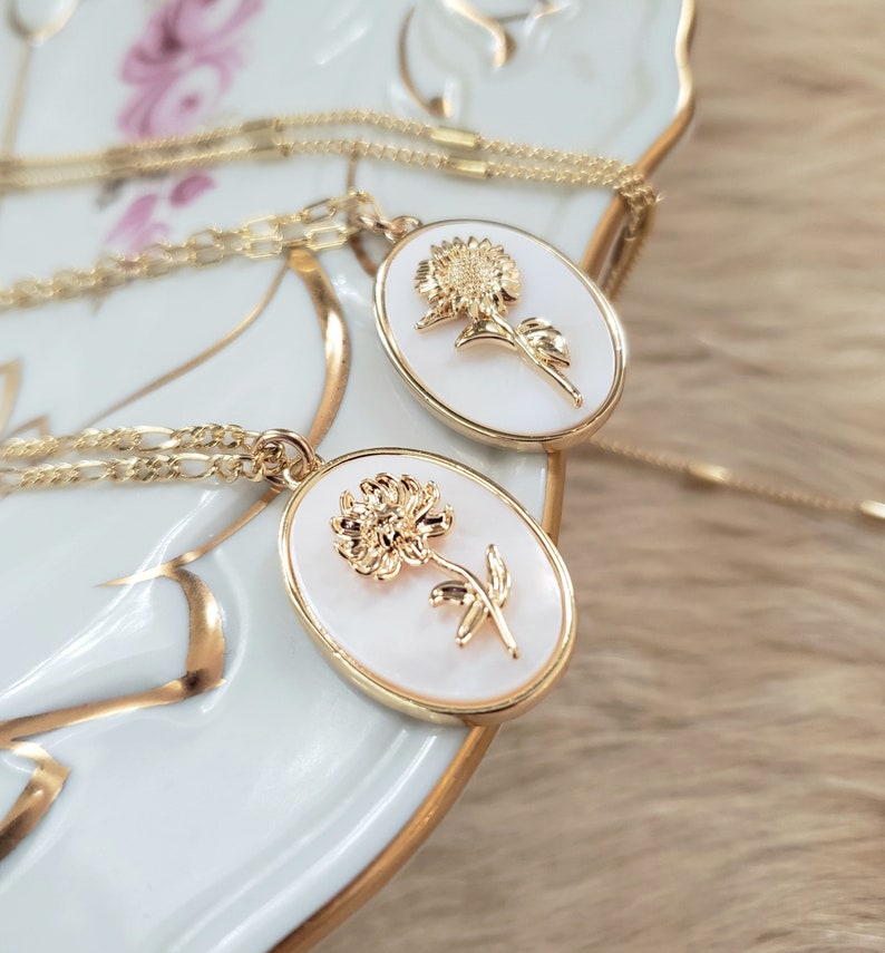 Mother of Pearl Birth Flower Necklace, 18k Gf Chain Birthday Gift for ...