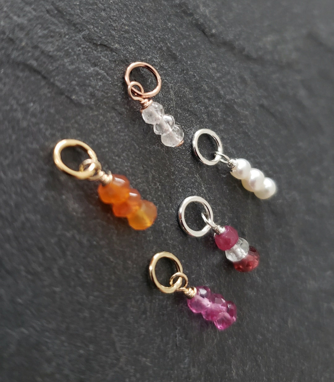 Custom 3 Stacked Birthstone Charm, Genuine Gemstone Pendant, Small Tiny ...