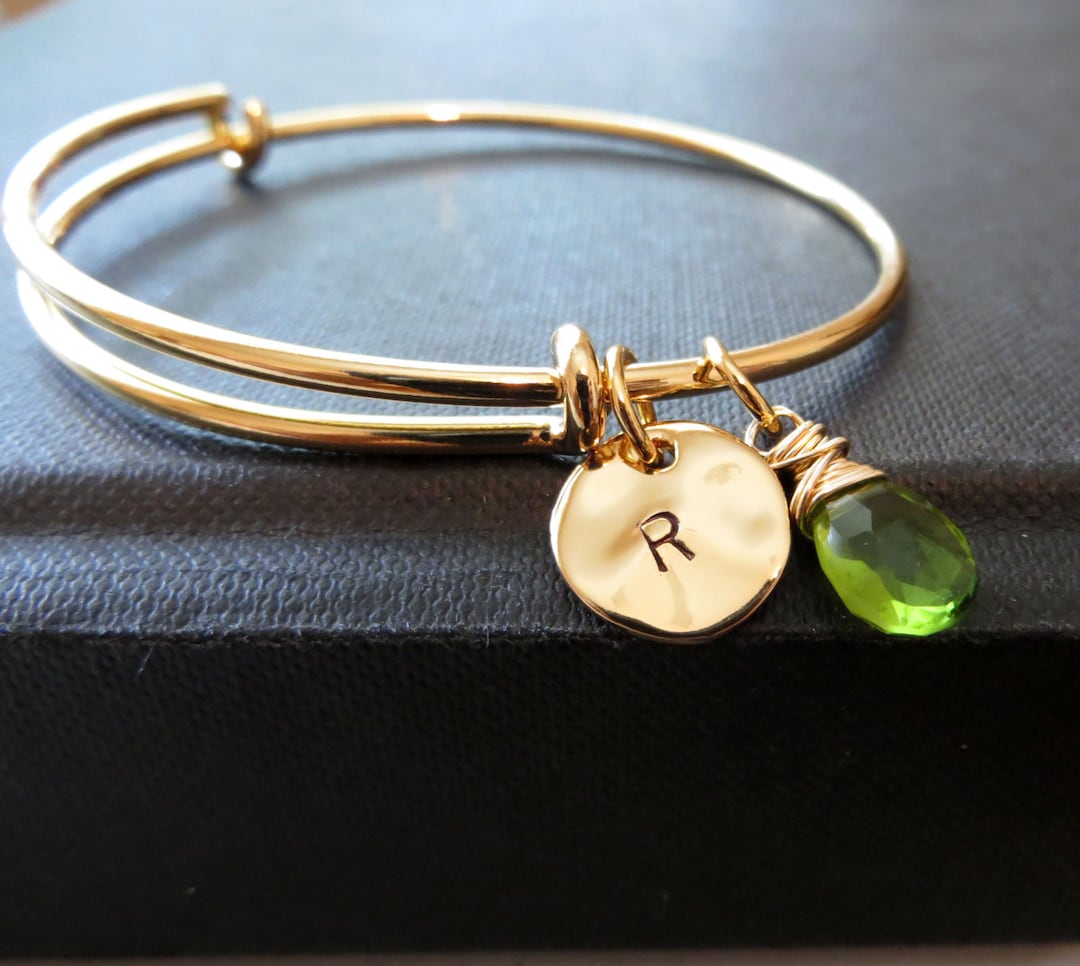 Initial Birthstone Adjustable Bangle Bracelet Personalized Gold Bangle ...