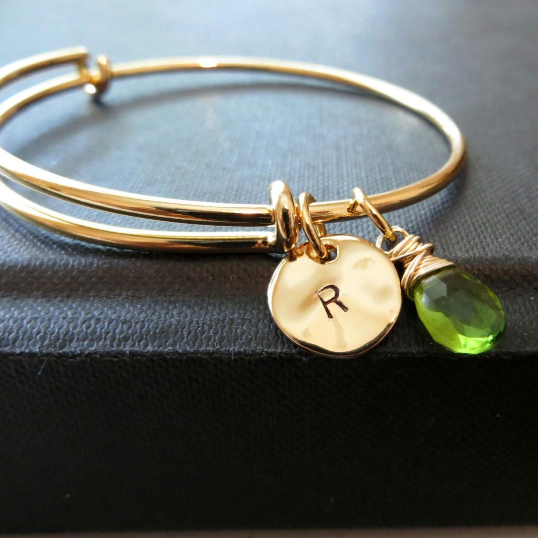 Initial Birthstone Adjustable Bangle Bracelet Personalized Gold Bangle ...
