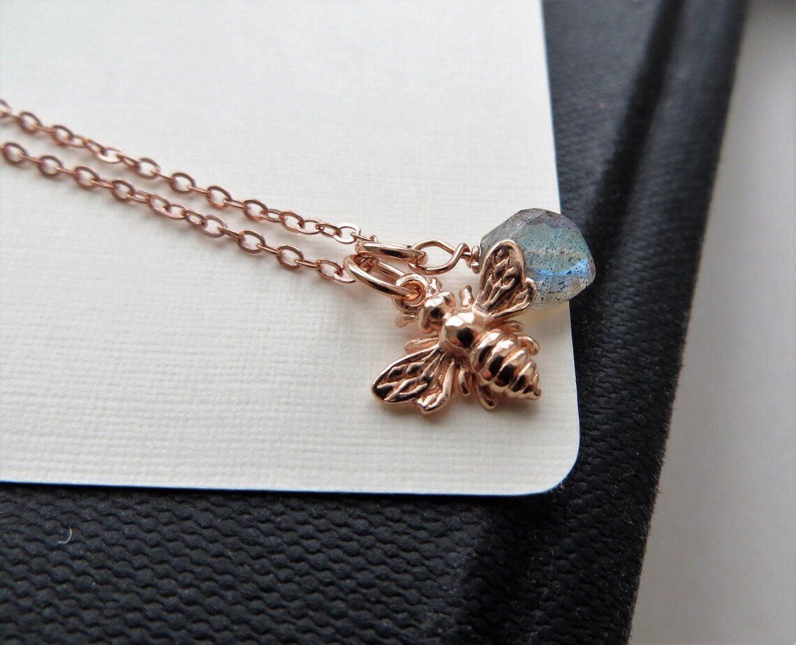 Rose gold bee necklace labradorite gemstone bumble bee charm | Etsy