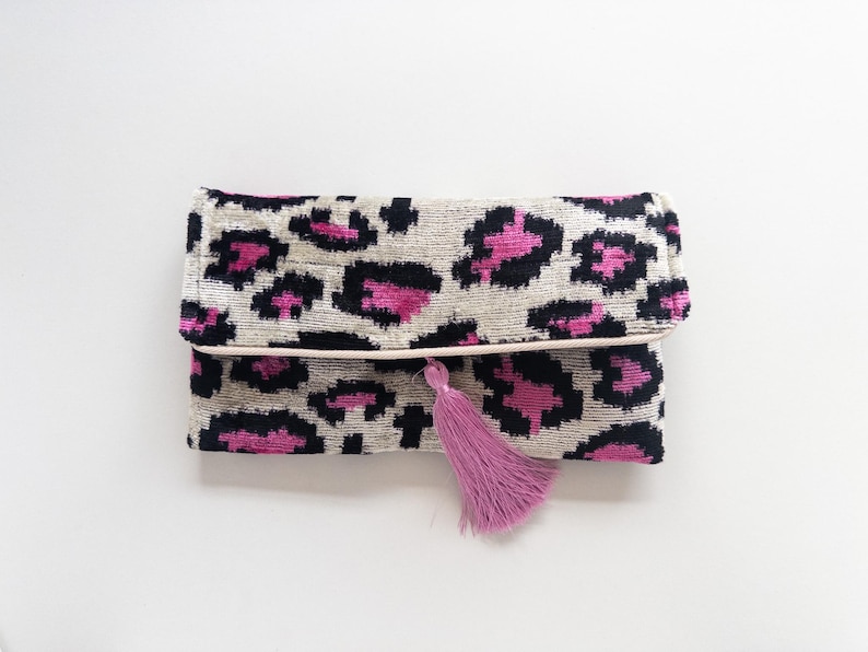 Pink Leopard Ikat Clutch: Silk Velvet Foldover Bag With Tassel - Etsy