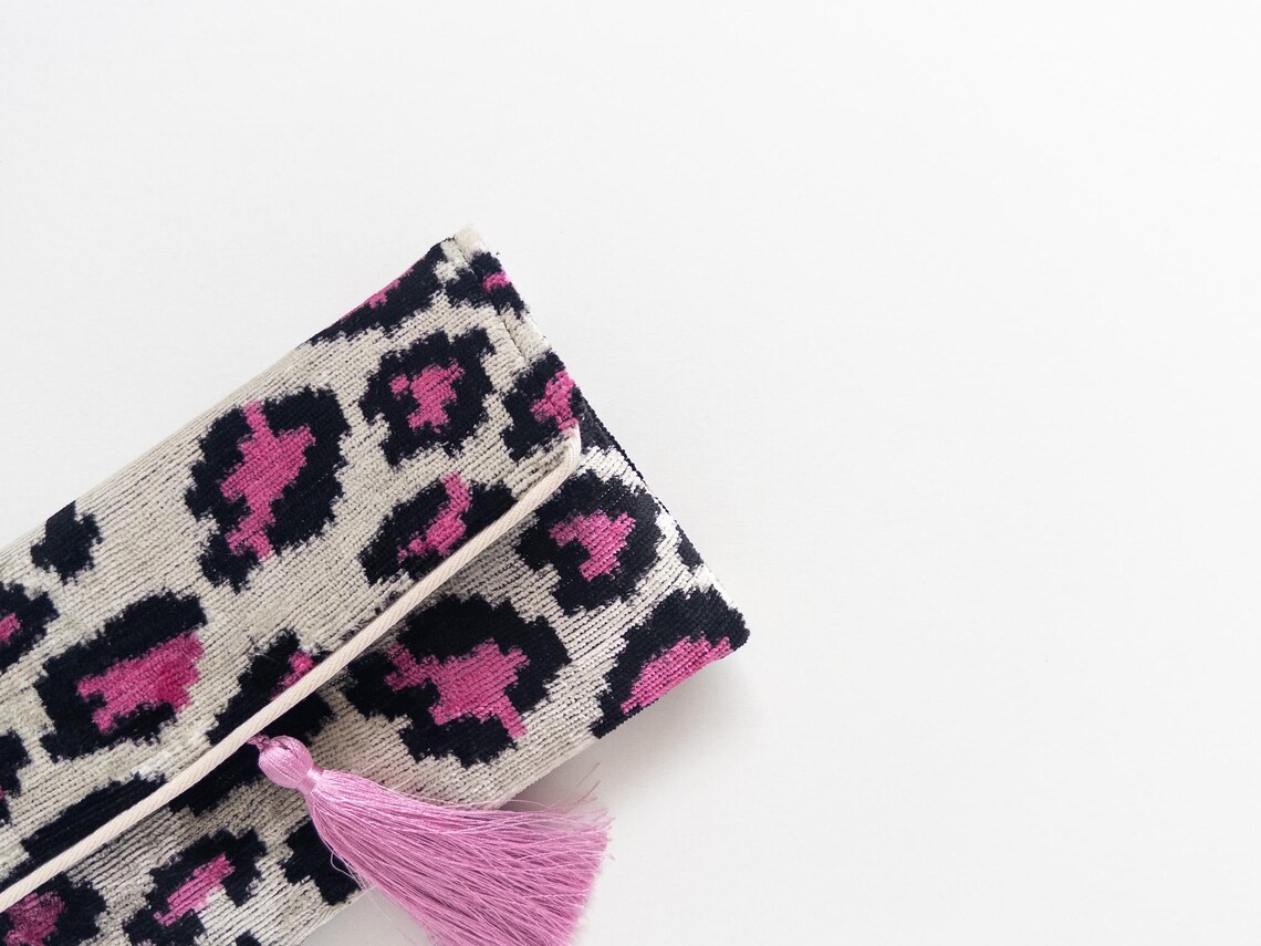 Pink Leopard Ikat Clutch: Silk Velvet Foldover Bag With Tassel - Etsy