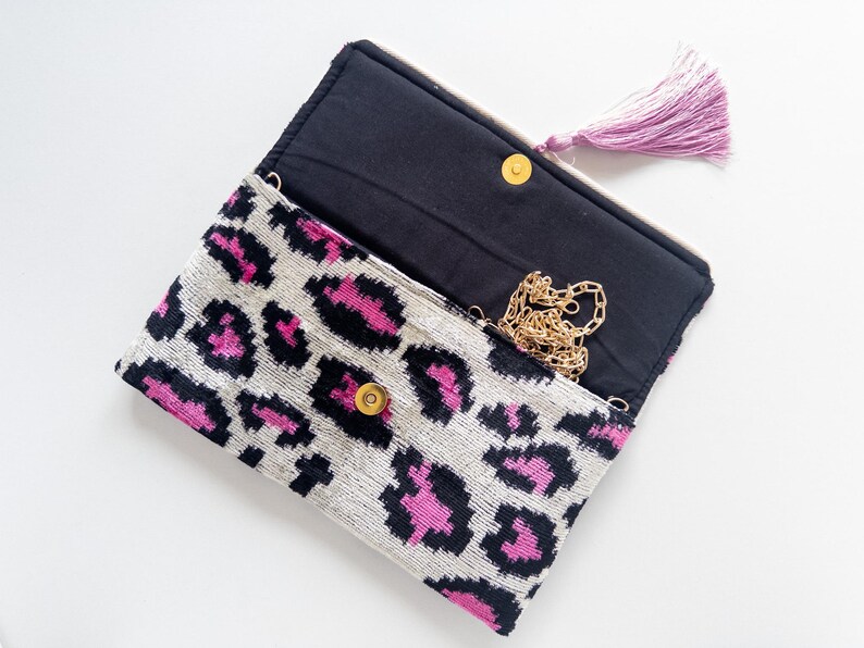 Pink Leopard Ikat Clutch: Silk Velvet Foldover Bag With Tassel - Etsy