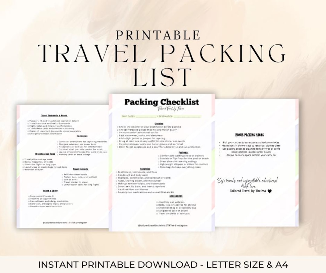 Printable Travel Packing Checklist | A4 PDF Holiday Packing List ...
