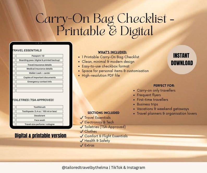 Ultimate Carry-on Bag Checklist | Travel Packing List | Printable ...